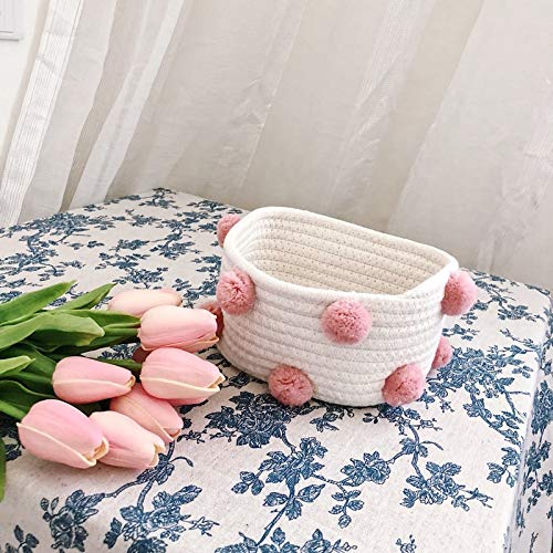 Ctzrzyt Quata Cotton Woven Storage Basket Cute Pompom Decor Sundries Finishing Box Cosmetic Toys Organizer Frame Pink S