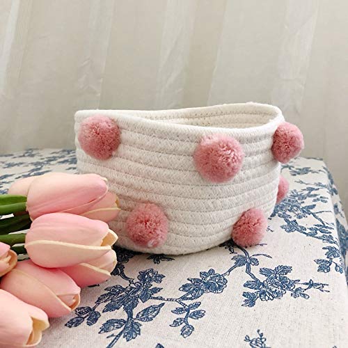 Ctzrzyt Quata Cotton Woven Storage Basket Cute Pompom Decor Sundries Finishing Box Cosmetic Toys Organizer Frame Pink S