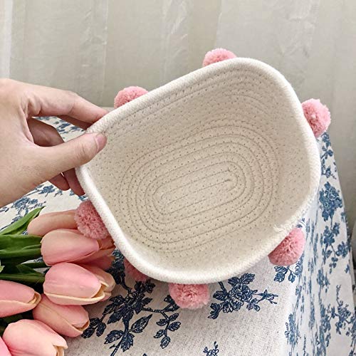Ctzrzyt Quata Cotton Woven Storage Basket Cute Pompom Decor Sundries Finishing Box Cosmetic Toys Organizer Frame Pink S