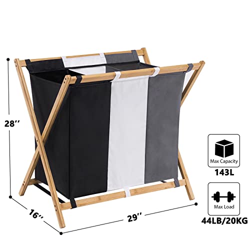 YOUDENOVA 143L Large Laundry Hamper Basket 3 Section, Waterproof Laundry sorter with 3 Compartments, Triple Divided laundry Organizer for Bedroom, Bathroom Organization, Black and Grey