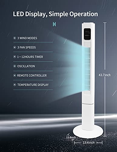 R.W.FLAME Household Tower Fans with Remote,47" Oscillating Cooling Fans Built-in Timer Portable Floor Fan, 3 Modes 3 Speeds (White, 47")