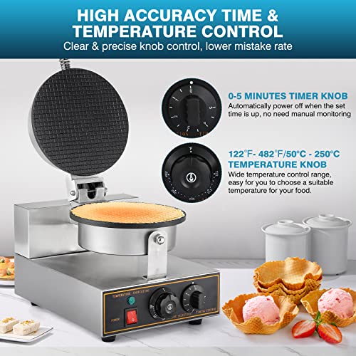 IRONWALLS Commercial Waffle Cone Maker, 1200W 110V Stainless Steel Electric Ice Cream Cone Maker Machine with 8.3β Non-stick Baking Tray, Temperature & Time Control for Restaurant, Coffee Shop