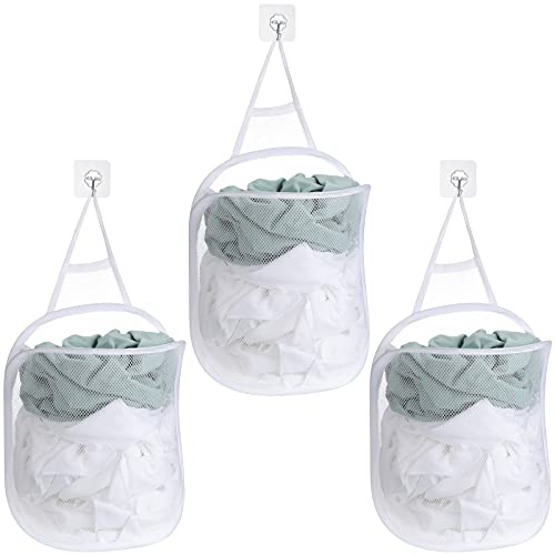 3 Pieces Hanging Laundry Hamper Laundry Bag to Hang Foldable Mesh Hamper Dirty Cloth Basket with Carry Handle Door Net Hampers for Store Cloth, Toy, Camping, Hotel Use