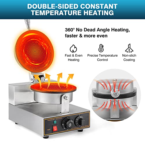 IRONWALLS Commercial Waffle Cone Maker, 1200W 110V Stainless Steel Electric Ice Cream Cone Maker Machine with 8.3β Non-stick Baking Tray, Temperature & Time Control for Restaurant, Coffee Shop