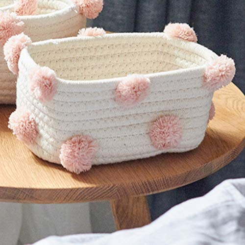 Ctzrzyt Quata Cotton Woven Storage Basket Cute Pompom Decor Sundries Finishing Box Cosmetic Toys Organizer Frame Pink S