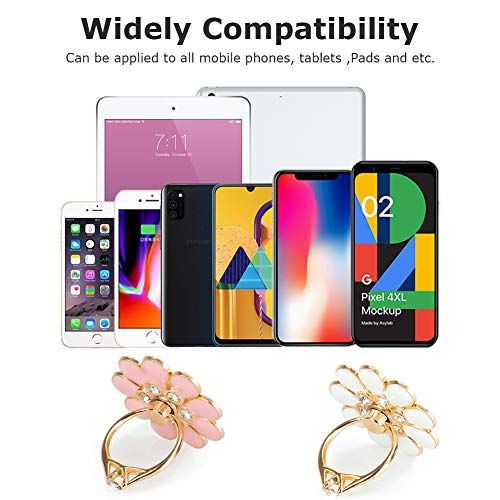 Finger Ring Stand,2 Pack Luxury Glitter Diamond Magnetic Universal Metal Smartphone Finger Ring Grip Holder Kickstand for iPhone/iPad/Samsung/HTC/Nokia/Cellphones/Tablet, Flower, White+Pink