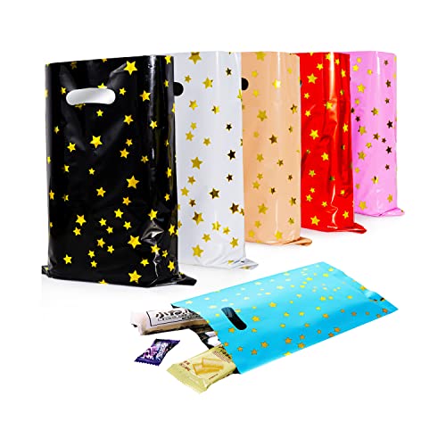 SZEJONAN Bright Colorful Plastic Party Faovr Bags Bulk Goodie bags for Kids Birthday Party (48 Pcs, Gold Stars)