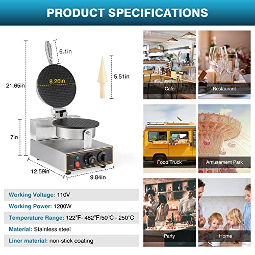 IRONWALLS Commercial Waffle Cone Maker, 1200W 110V Stainless Steel Electric Ice Cream Cone Maker Machine with 8.3β Non-stick Baking Tray, Temperature & Time Control for Restaurant, Coffee Shop