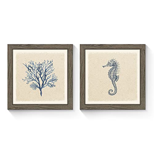 Ocean Framed Wall Art Bedroom: 2 Pieces Sea Horse Vintage Artwork Abstract Watercolor Coral Painting Coastal Gallery Prints Minimalism Seascape Picture for Bathroom Office