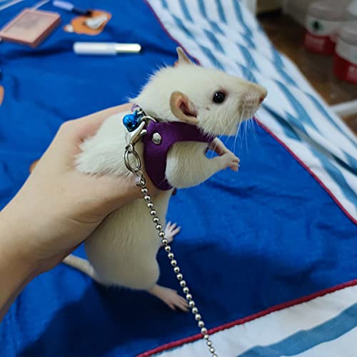 Adjustable Fancy Rat Hamster Harness Rat Guinea Pig Training Walking with Bell Leather Leash Reptile Harness Suitable for Small, Medium,Large Rats or Reptiles (Purple)