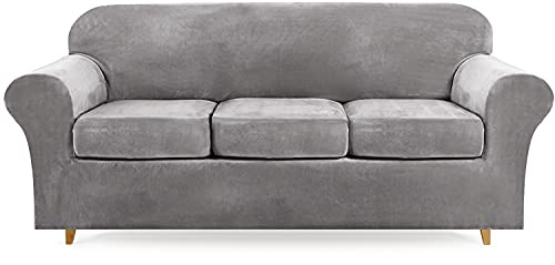 Lamberia High Stretch Sofa Cover for 3 Cushion Couch 4 Pieces Thick &Washable Plush Velvet Sofa Slipcover Couch Cover Furniture Protector for Dogs,Pets&Kids(Sofa-L,Silvergray)