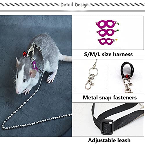 Adjustable Fancy Rat Hamster Harness Rat Guinea Pig Training Walking with Bell Leather Leash Reptile Harness Suitable for Small, Medium,Large Rats or Reptiles (Purple)