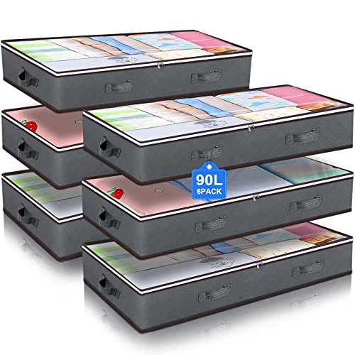 90L Under Bed Storage Containers, Toy Organizers and Wrapping Paper Storage Bags, Underbed Shoes Closet Storage Solution with Clear Window and Reinforced Handles for Blanket, Comforter, Bedding, Clothes, 6 Pack