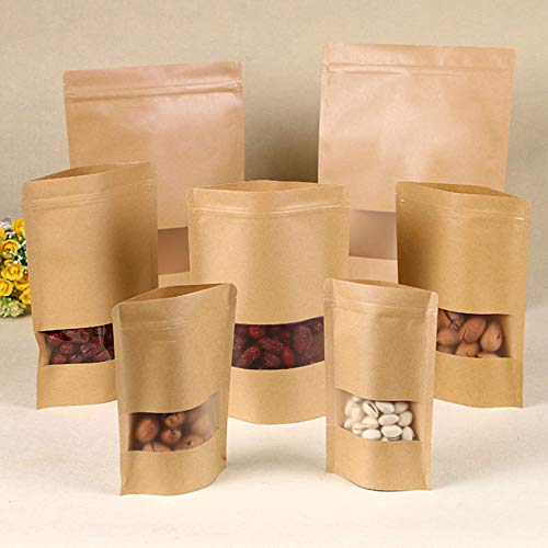 100pcs Kraft Bags with Window Zipper Lock Stand Up Bulk Pouches Resealable 7×10in