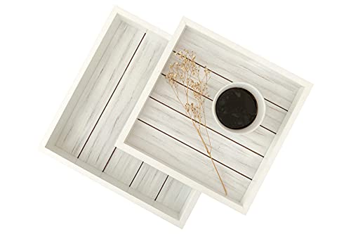 White Square Tray Wooden Serving Tray for Ottoman Vanity Coffee Table Breakfast in Bed Tea Accessory Organizer (12 x 12 x 2 & 10 x 10 x 1.2, Set of 2) (White)