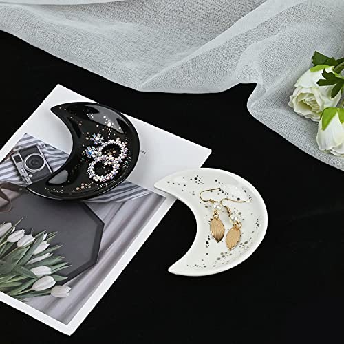 Small Moon Jewelry Dish Tray, Decorative Ceramic Trinket Dish, Modern Accent Tray for Vanity(Black and White )