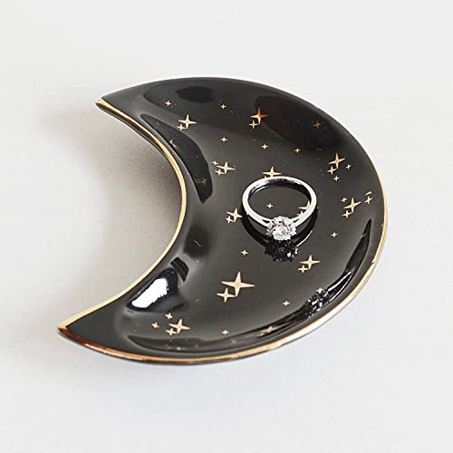 Small Moon Jewelry Dish Tray, Decorative Ceramic Trinket Dish, Modern Accent Tray for Vanity(Black and White )