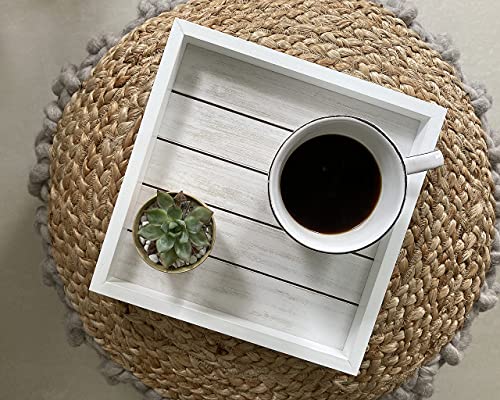 White Square Tray Wooden Serving Tray for Ottoman Vanity Coffee Table Breakfast in Bed Tea Accessory Organizer (12 x 12 x 2 & 10 x 10 x 1.2, Set of 2) (White)