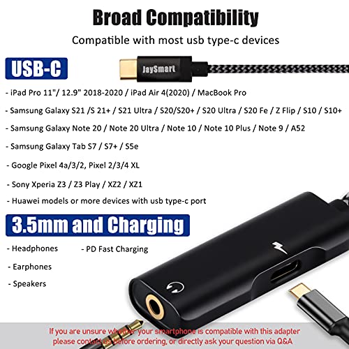 JaySmart USB-C to 3.5mm Headphone and Charger Adapter, 2-in-1 Type-C to 3.5mm Audio Jack Charging Port Aux Cable Compatible with Samsung Galaxy S22/S22+/S21/S20/Z Fold3/Note 20 Ultra/10 Plus