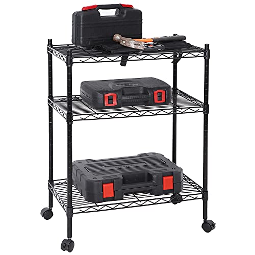 SUPER DEAL 3-Shelf Adjustable Heavy Duty Storage Wire Shelving Unit with Wheels, Metal Organizer Wire Rack Microwave Utility Cart, Black (24L x 14W x 31H)