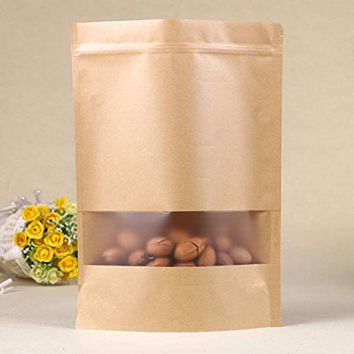 100pcs Kraft Bags with Window Zipper Lock Stand Up Bulk Pouches Resealable 7×10in