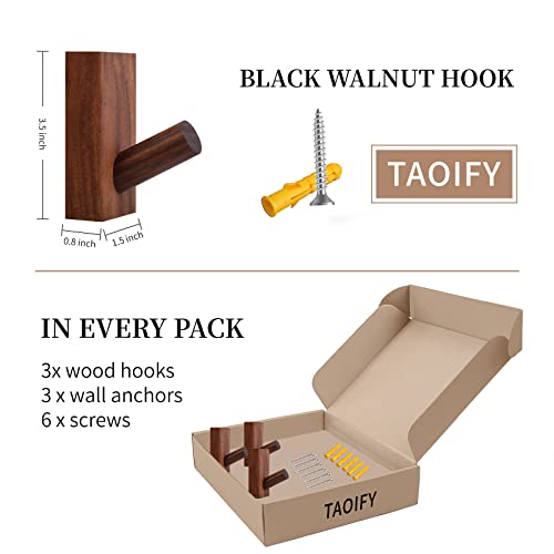 TAOIFY Wood Wall Hooks-(3 Black Walnut Hooks) Handmade Natural Wooden Hooks, Wall-Mounted Hooks, can Hang Clothes, Hats, Hangers, Towels, Heavy Objects