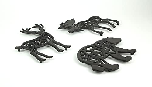 Set of 3 Cast Iron Lodge Design Wild Animal Western Kitchen Décor Trivets Decorative Wall Hanging Art Deer Moose Bear