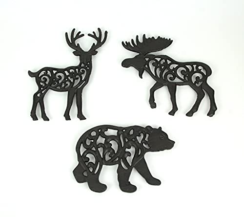 Set of 3 Cast Iron Lodge Design Wild Animal Western Kitchen Décor Trivets Decorative Wall Hanging Art Deer Moose Bear