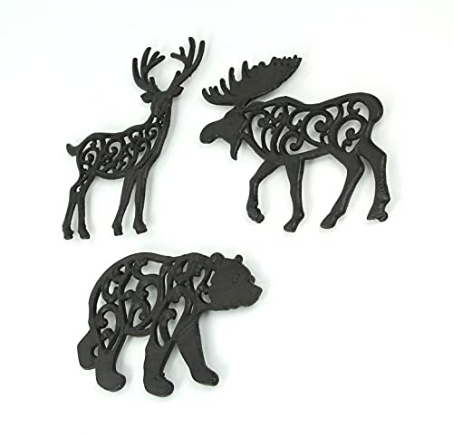Set of 3 Cast Iron Lodge Design Wild Animal Western Kitchen Décor Trivets Decorative Wall Hanging Art Deer Moose Bear