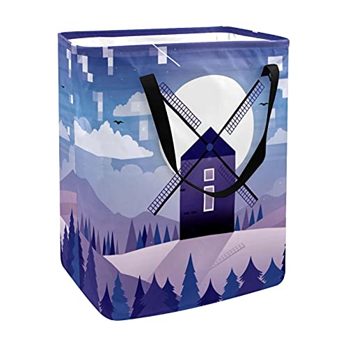Windmill Purple Laundry Basket Large Cloth Organizer Bag Basket Foldable Laundry Hamper with Handles
