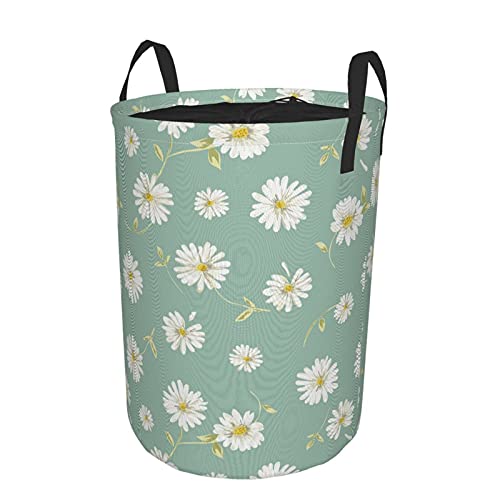 Laundry Hamper Basket Green White Daisy Flower Clothes Sorter Bin Lid Household Organizer Toy Garment Sturdy With Handle Collapsible For Home Laundromat Dorm Bathroom