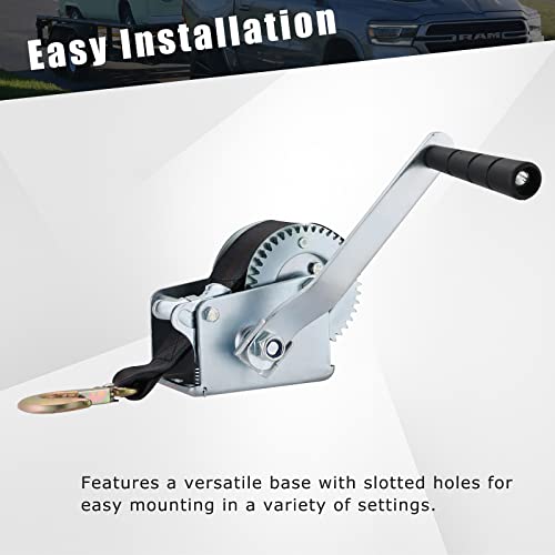 ATPEAM Boat Trailer Winch, Heavy Duty Hand Winch with 5m Black Strap Gear Hand Winch with Crank Handle, Manual Winch for Towing (800LBS)