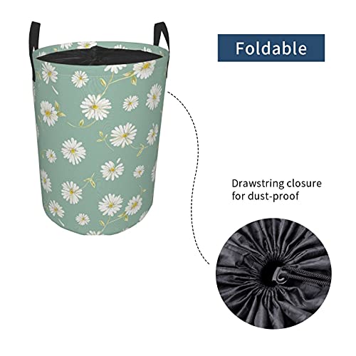 Laundry Hamper Basket Green White Daisy Flower Clothes Sorter Bin Lid Household Organizer Toy Garment Sturdy With Handle Collapsible For Home Laundromat Dorm Bathroom