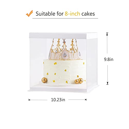 XININSUN 2Pcs Large Cake PET Clear Box, 10" X 10" X 9" with ribbon and pre-folded lid, for 8" cake packing carry, baking cookie display, Carry Tall Layer Gift, Festive Gift Box -White