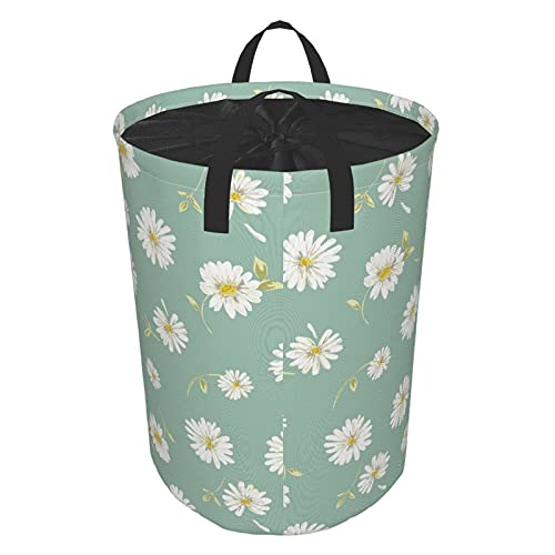 Laundry Hamper Basket Green White Daisy Flower Clothes Sorter Bin Lid Household Organizer Toy Garment Sturdy With Handle Collapsible For Home Laundromat Dorm Bathroom