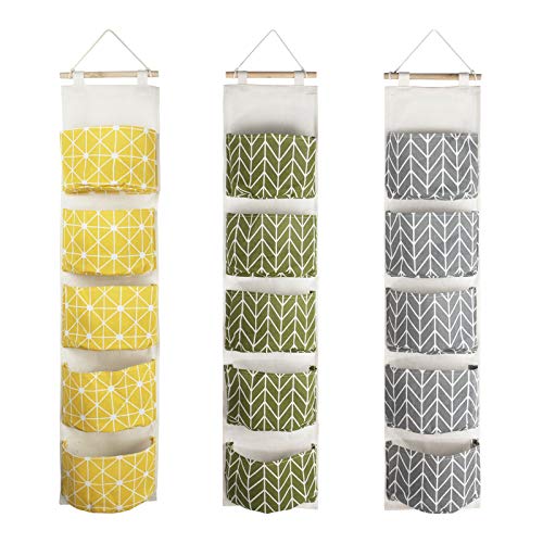 MOTASOM 3Pcs Over The Door Hanging Storage Bag, Waterproof Wall Closet Organizer with 5 Pockets, Linen Fabric Wall Hanging Mounted Organizer Pocket for Room Bathroom Bedroom Kitchen