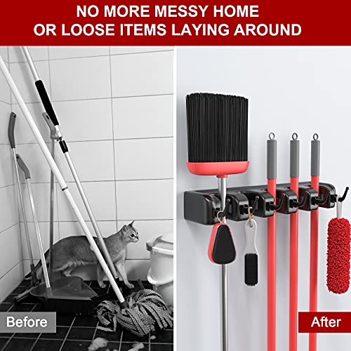 LETMY Mop and Broom Holder Wall Mount, Heavy Duty Broom Hanger Garden Tool Organizer Home Cleaning Supplies Organizations Storage Rack with 5 Position 6 Hooks for Home Kitchen Garden Laundry Room
