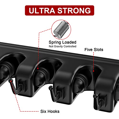 LETMY Mop and Broom Holder Wall Mount, Heavy Duty Broom Hanger Garden Tool Organizer Home Cleaning Supplies Organizations Storage Rack with 5 Position 6 Hooks for Home Kitchen Garden Laundry Room
