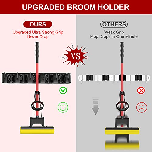 LETMY Mop and Broom Holder Wall Mount, Heavy Duty Broom Hanger Garden Tool Organizer Home Cleaning Supplies Organizations Storage Rack with 5 Position 6 Hooks for Home Kitchen Garden Laundry Room