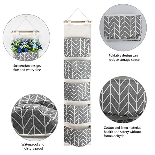 MOTASOM 3Pcs Over The Door Hanging Storage Bag, Waterproof Wall Closet Organizer with 5 Pockets, Linen Fabric Wall Hanging Mounted Organizer Pocket for Room Bathroom Bedroom Kitchen