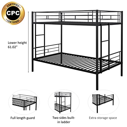 ZEROFEEL Twin Over Twin Metal Bunk Bed Frame, CPC Certified, Heavy Duty Space-Saving Design,Easy Assembly with Safety Guard Rails & 2 Side Ladder for Adults Children Teens