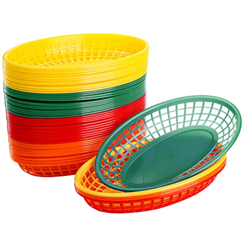 Kingrol 48 Pack Oval Fast Food Baskets for Parties, Carnivals, Fairs, and Picnic - Colorful Plastic Storage Basket Bins for Home, Office, School