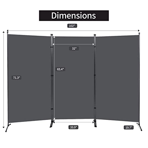 JVVMNJLK Indoor Room Divider,Portable Office Divider,Convenient Movable(3-Panel),Folding Partition Privacy Screen for Bedroom,Dining Room, Study,102" W x 19.7" D x 71.3" H,Dark Gray