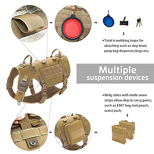 Forestpaw Tactical Dog Vest Harness and Easy Control Training Dog Collar with Bungee Dog Leash Set No Pull Military Dog Harness with Backpack for Medium Large Dogs-Coyote Brown L