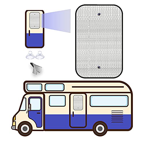 RV Door Window Cover, RV Window Shade for Heat Insulation and UV Protection, Camper Accessories for Travel Trailers with Two Large Diameter Suction Cup, Hook and Loop Fastener, 16 x 25, Silver