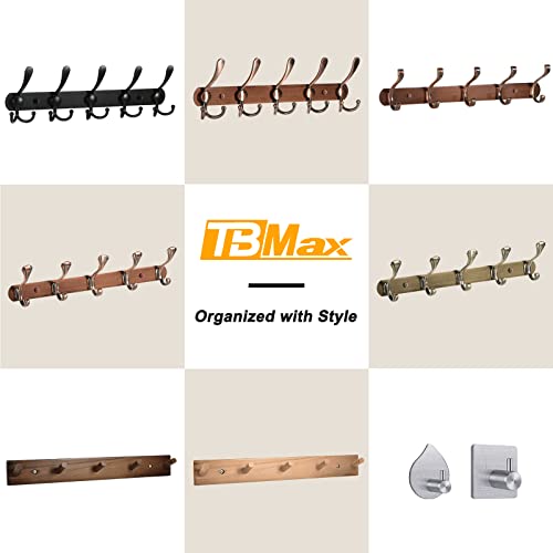 TBMax Coat Rack Wall Mounted - 2 Pack Sturdy Metal Coat Hook Rail with 5 Tri Hooks for Coat Hat Towel Purse Robes Mudroom Bathroom Entryway -Black