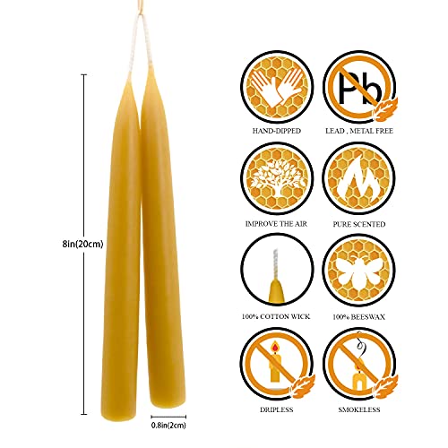 Natural Beeswax Taper Candles, DEYBBY Smokeless and Dripless Beeswax Candles, 8Hrs Burn Time, Nontoxic, 8 inch, 2 Pack