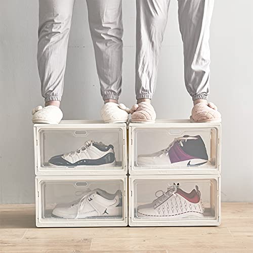 NTZS Shoe Storage Boxes,Pack of 3 Stackable Shoe Organizer,Sturdy Foldable sneaker storage and Easy Assemble Shoe Containers Clear Plastic shoe bins with Lid for US Size 13(14.6”x 10.6”x 8.3”)