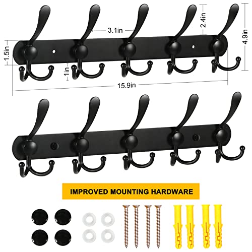 TBMax Coat Rack Wall Mounted - 2 Pack Sturdy Metal Coat Hook Rail with 5 Tri Hooks for Coat Hat Towel Purse Robes Mudroom Bathroom Entryway -Black