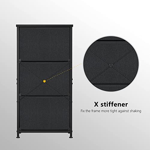 FEZIBO 3 Drawer Fabric Dresser Storage Tower, Organizer Unit for Bedroom, Closet, Entryway, Hallway, Nursery Room -Steel Frame, Wood Top, Easy Pull Handle-Black Grey